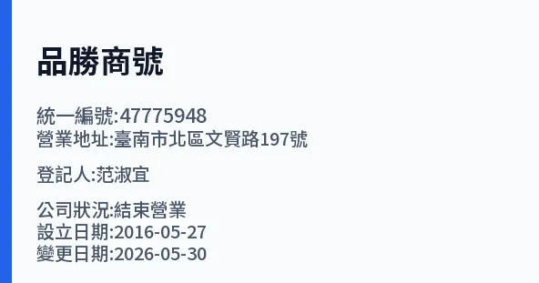 品勝商號的照片-統編 47775948(臺南市) 公司登記資料與營業項目詳細圖表