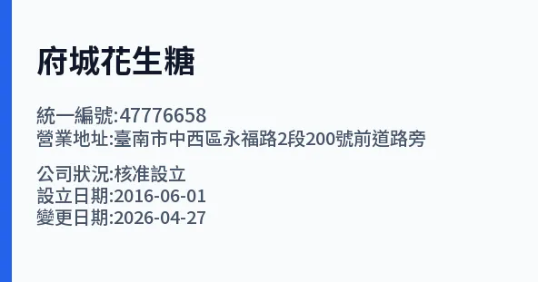 府城花生糖的照片-統編 47776658(臺南市) 公司登記資料與營業項目詳細圖表