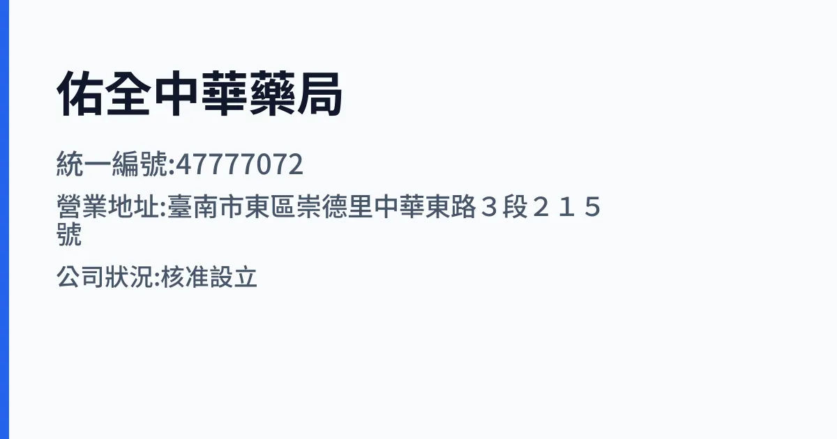 佑全中華藥局 - 統編 47777072(臺南市) 公司登記資料與營業項目詳細圖表