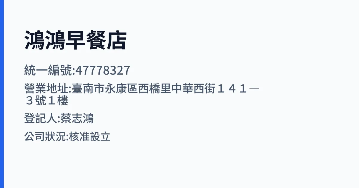 鴻鴻早餐店 - 統編 47778327(臺南市) 公司登記資料與營業項目詳細圖表