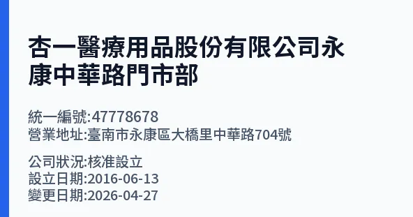 杏一醫療用品股份有限公司永康中華路門市部的照片-統編 47778678(臺南市) 公司登記資料與營業項目詳細圖表