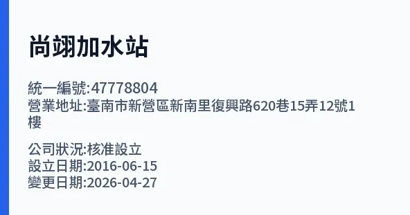 尚翊加水站的照片-統編 47778804(臺南市) 公司登記資料與營業項目詳細圖表