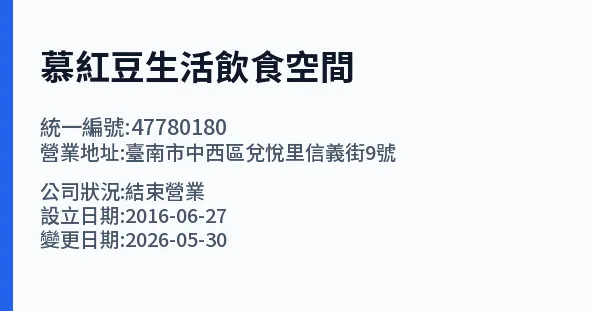 慕紅豆生活飲食空間的照片-統編 47780180(臺南市) 公司登記資料與營業項目詳細圖表