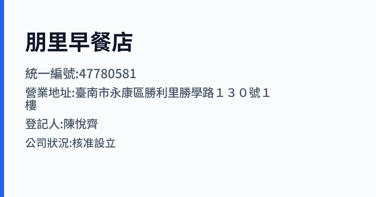 朋里早餐店 - 統編 47780581(臺南市) 公司登記資料與營業項目詳細圖表