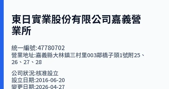 東日實業股份有限公司嘉義營業所的照片-統編 47780702(嘉義縣) 公司登記資料與營業項目詳細圖表