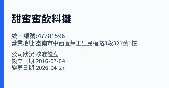 甜蜜蜜飲料攤的照片-統編 47781596(臺南市) 公司登記資料與營業項目詳細圖表
