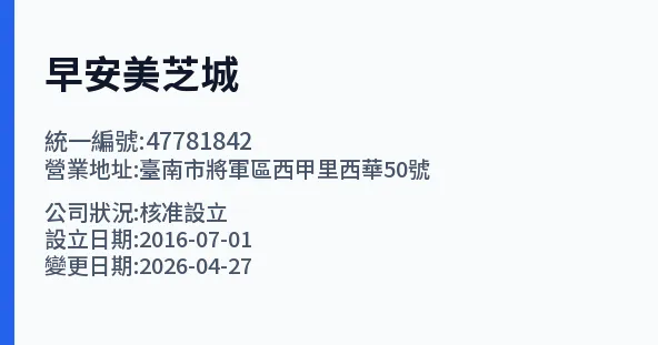 早安美芝城的照片-統編 47781842(臺南市) 公司登記資料與營業項目詳細圖表
