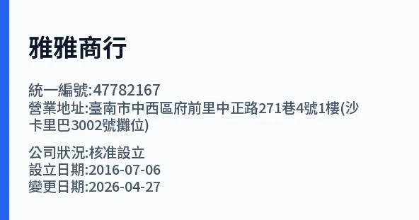 雅雅商行的照片-統編 47782167(臺南市) 公司登記資料與營業項目詳細圖表