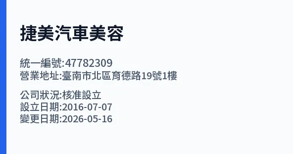 捷美汽車美容的照片-統編 47782309(臺南市) 公司登記資料與營業項目詳細圖表