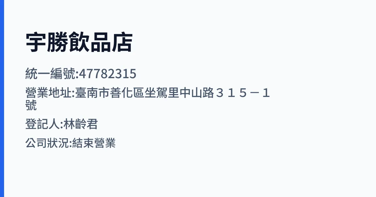 宇勝飲品店 - 統編 47782315(臺南市) 公司登記資料與營業項目詳細圖表