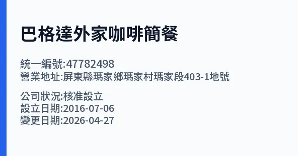 巴格達外家咖啡簡餐的照片-統編 47782498(屏東縣) 公司登記資料與營業項目詳細圖表