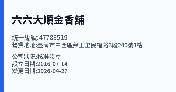 六六大順金香舖的照片-統編 47783519(臺南市) 公司登記資料與營業項目詳細圖表