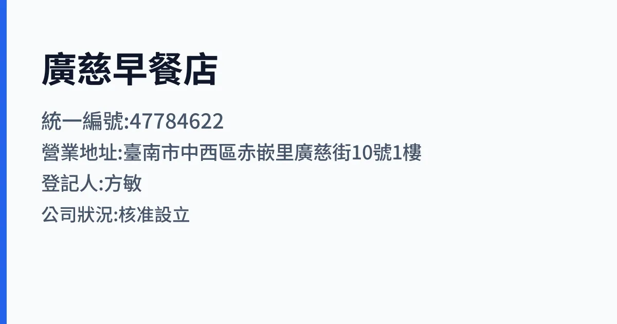 廣慈早餐店 - 統編 47784622(臺南市) 公司登記資料與營業項目詳細圖表