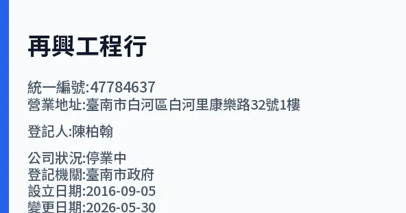 再興工程行的照片-統編 47784637(臺南市) 公司登記資料與營業項目詳細圖表