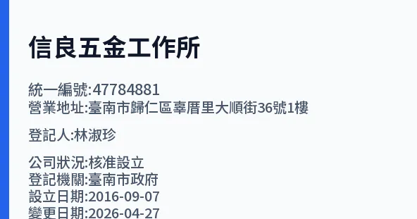信良五金工作所的照片-統編 47784881(臺南市) 公司登記資料與營業項目詳細圖表
