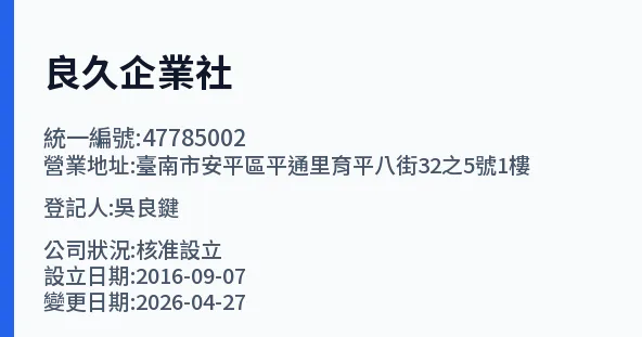 良久企業社的照片-統編 47785002(臺南市) 公司登記資料與營業項目詳細圖表