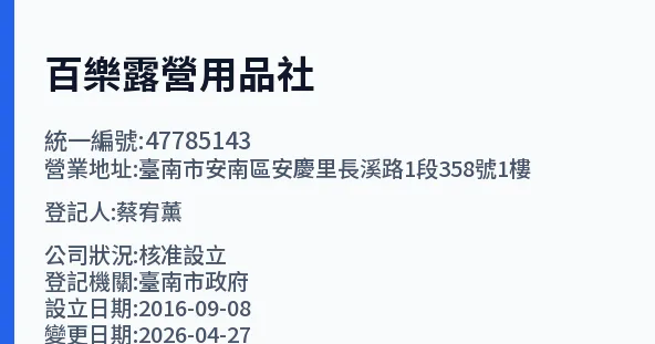 百樂露營用品社的照片-統編 47785143(臺南市) 公司登記資料與營業項目詳細圖表