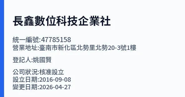 長鑫數位科技企業社的照片-統編 47785158(臺南市) 公司登記資料與營業項目詳細圖表