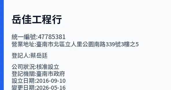 岳佳工程行的照片-統編 47785381(臺南市) 公司登記資料與營業項目詳細圖表