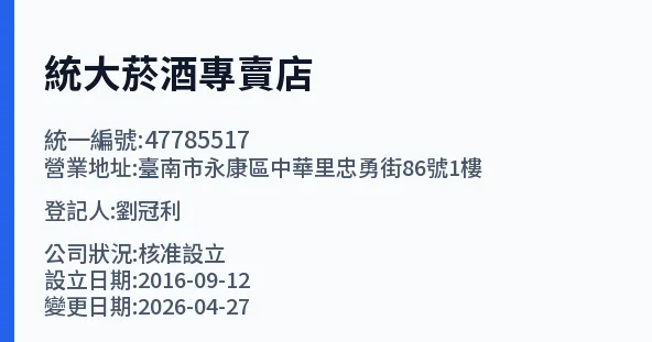 統大菸酒專賣店的照片-統編 47785517(臺南市) 公司登記資料與營業項目詳細圖表