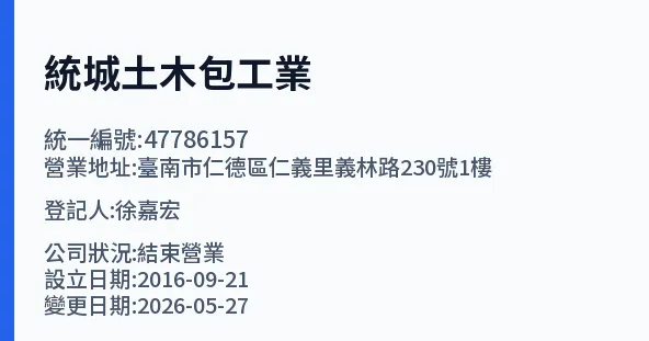 統城土木包工業的照片-統編 47786157(臺南市) 公司登記資料與營業項目詳細圖表