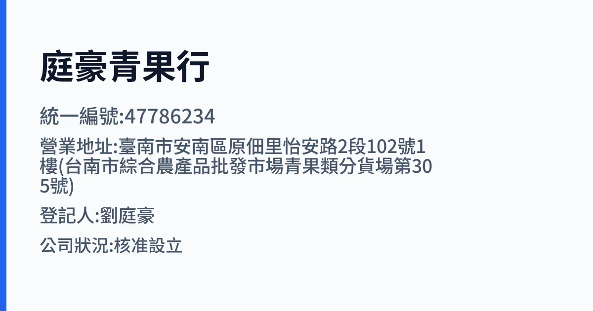 庭豪青果行 - 統編 47786234(臺南市) 公司登記資料與營業項目詳細圖表