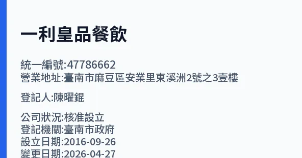 一利皇品餐飲的照片-統編 47786662(臺南市) 公司登記資料與營業項目詳細圖表