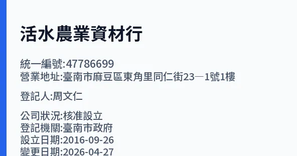 活水農業資材行的照片-統編 47786699(臺南市) 公司登記資料與營業項目詳細圖表