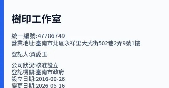 樹印工作室的照片-統編 47786749(臺南市) 公司登記資料與營業項目詳細圖表