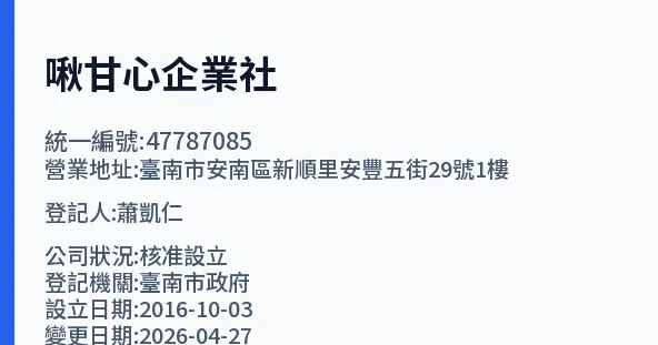 啾甘心企業社的照片-統編 47787085(臺南市) 公司登記資料與營業項目詳細圖表