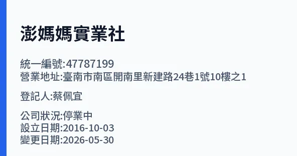 澎媽媽實業社的照片-統編 47787199(臺南市) 公司登記資料與營業項目詳細圖表