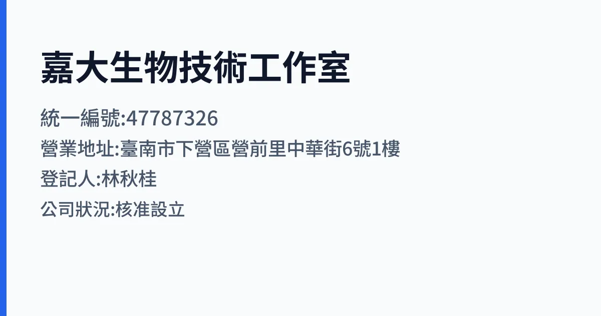 嘉大生物技術工作室 - 統編 47787326(臺南市) 公司登記資料與營業項目詳細圖表