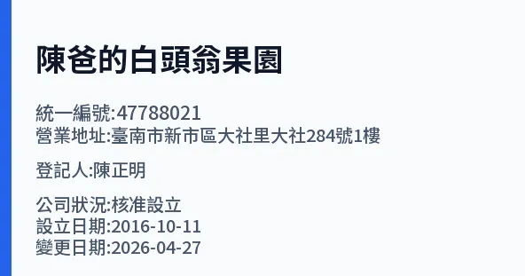 陳爸的白頭翁果園的照片-統編 47788021(臺南市) 公司登記資料與營業項目詳細圖表