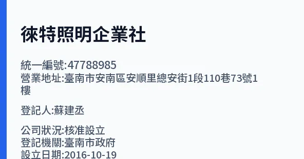 徠特照明企業社的照片-統編 47788985(臺南市) 公司登記資料與營業項目詳細圖表