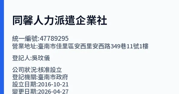 同馨人力派遣企業社的照片-統編 47789295(臺南市) 公司登記資料與營業項目詳細圖表