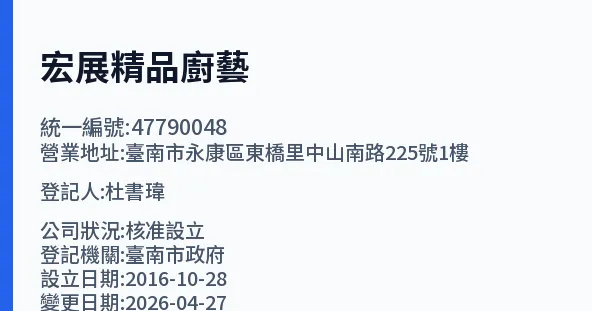 宏展精品廚藝的照片-統編 47790048(臺南市) 公司登記資料與營業項目詳細圖表