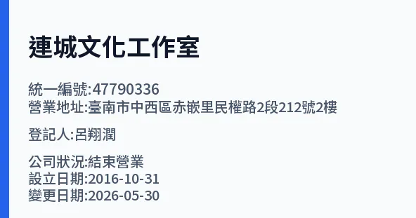 連城文化工作室的照片-統編 47790336(臺南市) 公司登記資料與營業項目詳細圖表