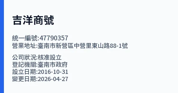 吉洋商號的照片-統編 47790357(臺南市) 公司登記資料與營業項目詳細圖表