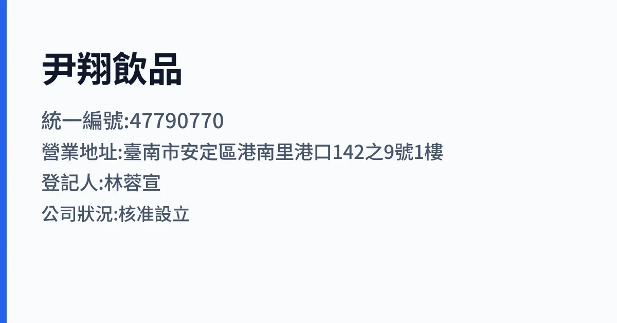 尹翔飲品 - 統編 47790770(臺南市) 公司登記資料與營業項目詳細圖表