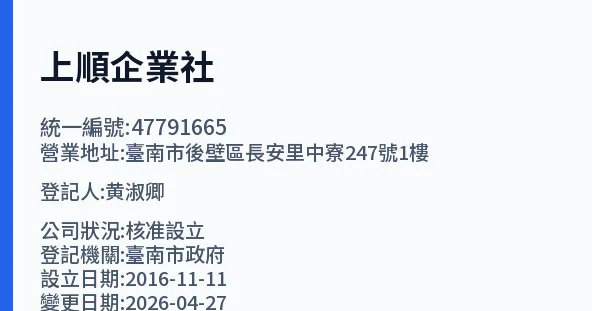 上順企業社的照片-統編 47791665(臺南市) 公司登記資料與營業項目詳細圖表