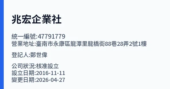 兆宏企業社的照片-統編 47791779(臺南市) 公司登記資料與營業項目詳細圖表