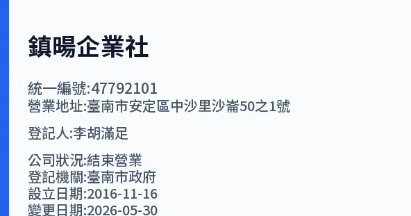 鎮暘企業社的照片-統編 47792101(臺南市) 公司登記資料與營業項目詳細圖表