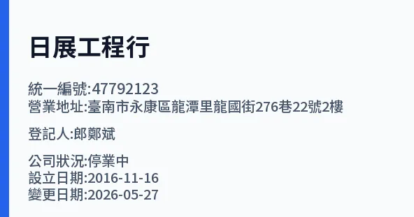 日展工程行的照片-統編 47792123(臺南市) 公司登記資料與營業項目詳細圖表