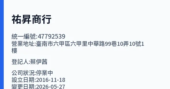 祐昇商行的照片-統編 47792539(臺南市) 公司登記資料與營業項目詳細圖表
