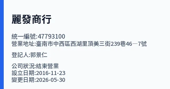 麗發商行的照片-統編 47793100(臺南市) 公司登記資料與營業項目詳細圖表