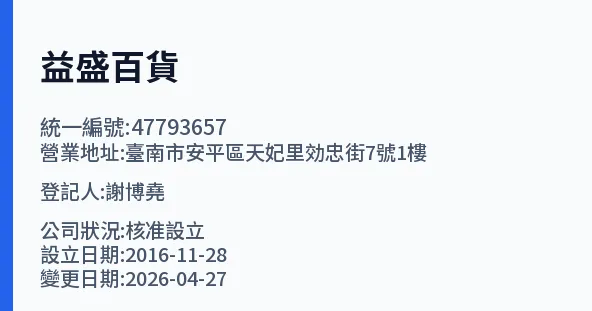 益盛百貨的照片-統編 47793657(臺南市) 公司登記資料與營業項目詳細圖表