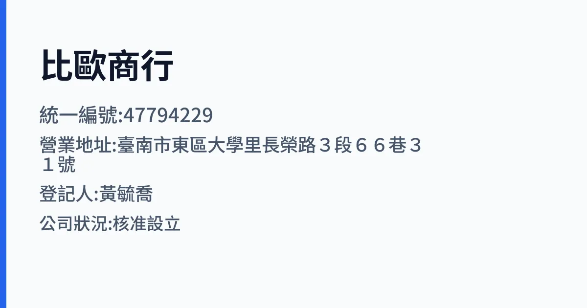 比歐商行 - 統編 47794229(臺南市) 公司登記資料與營業項目詳細圖表