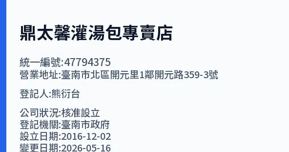 鼎太馨灌湯包專賣店的照片-統編 47794375(臺南市) 公司登記資料與營業項目詳細圖表