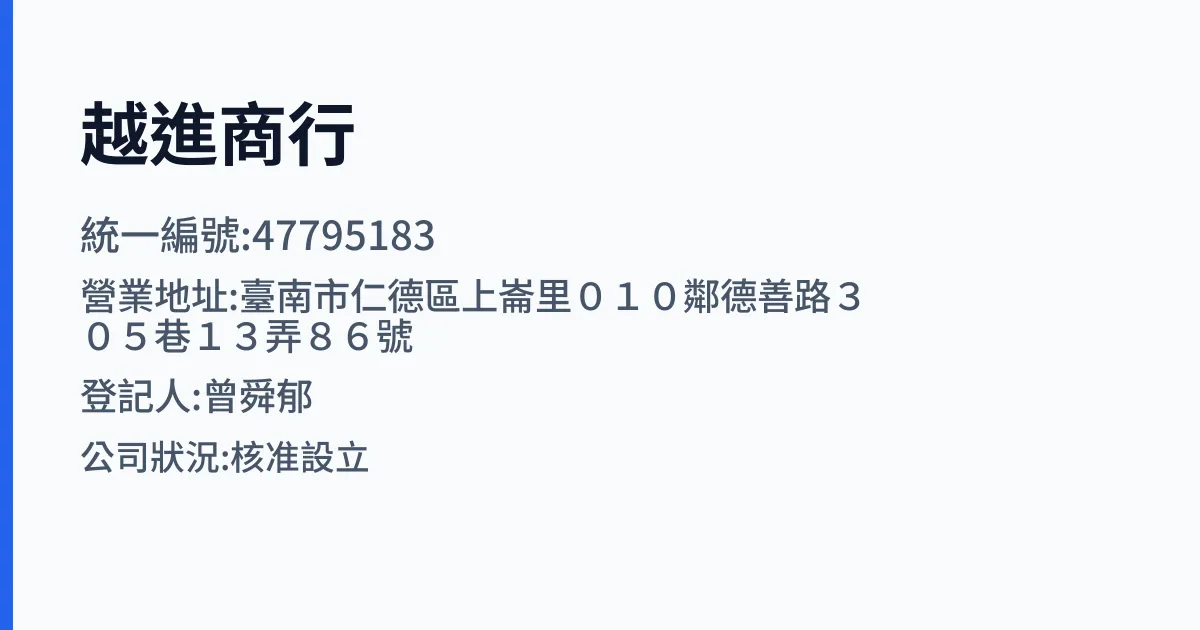 越進商行 - 統編 47795183(臺南市) 公司登記資料與營業項目詳細圖表