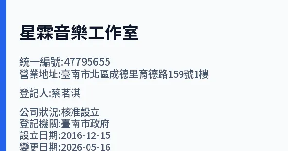 星霖音樂工作室的照片-統編 47795655(臺南市) 公司登記資料與營業項目詳細圖表